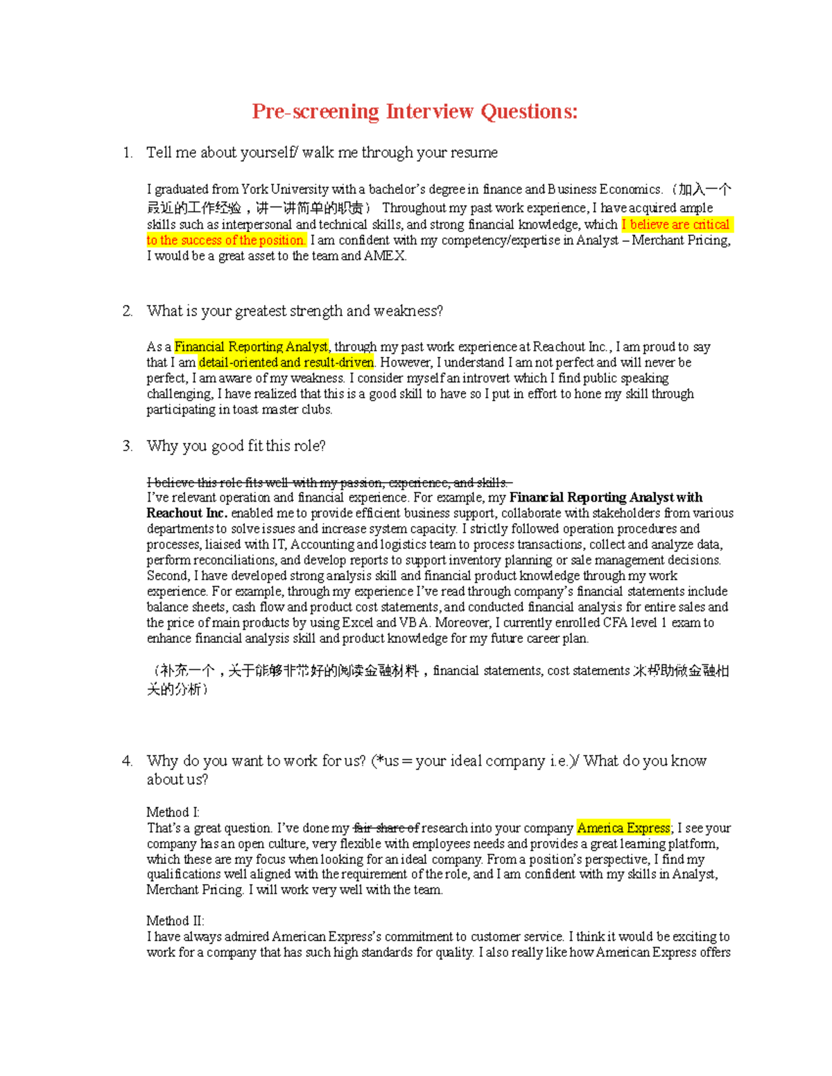 AMEX Interview Prep - Pre-screening Interview Questions: 1. Tell me ...