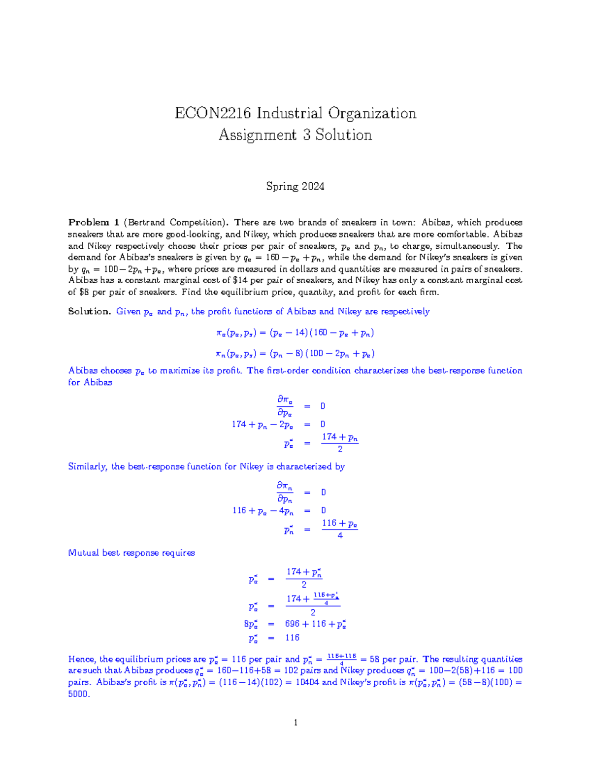 ECON2216 A3s (2024) - Solutions - ECON2216 Industrial Organization ...
