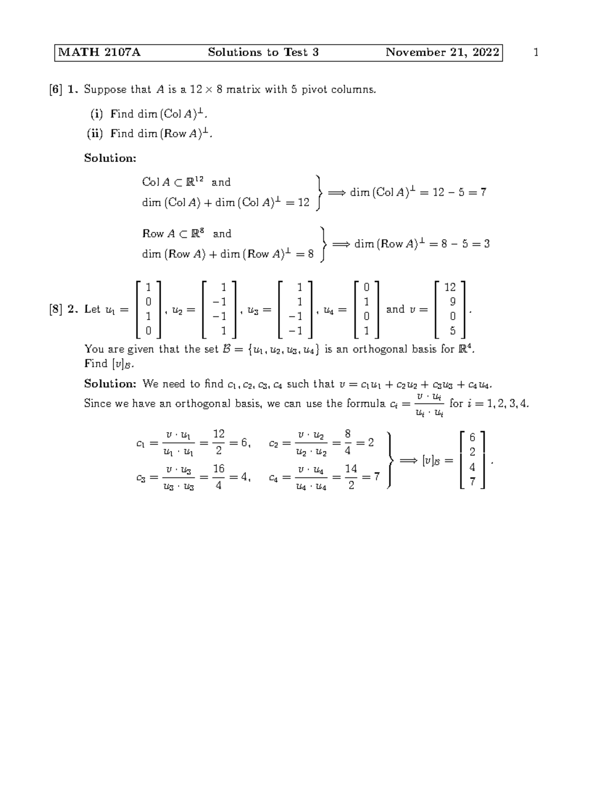 MATH 2107 Test3 Solutions F2022 SV - [6] 1. Suppose that A is a 12 × 8 ...