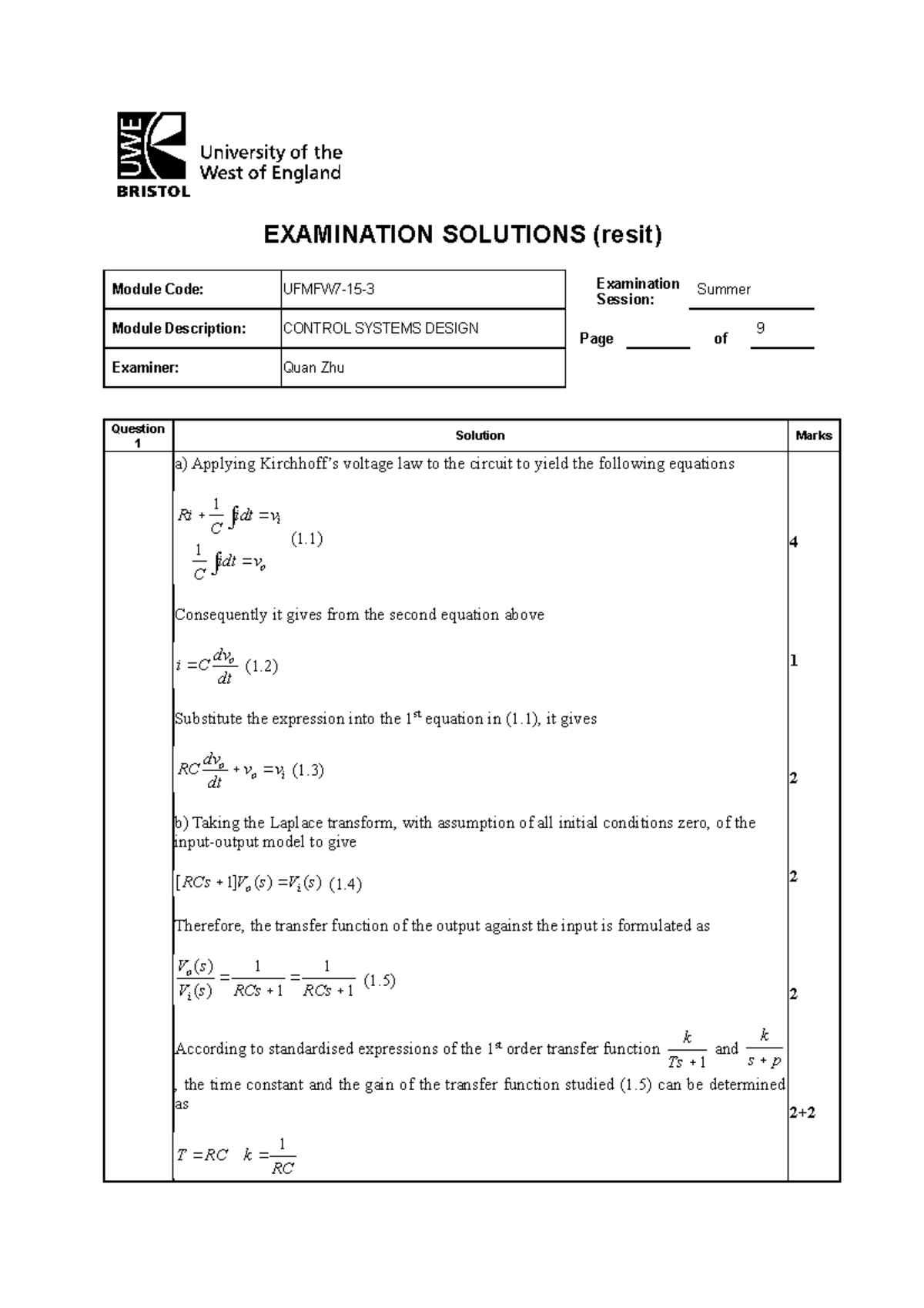 2016/2017 Solutions Control System Design (resit) - EXAMINATION ...