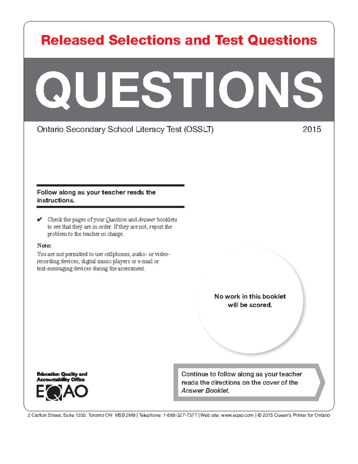 Osslt Question 2015 - QUESTIONS Ontario Secondary School Literacy Test ...