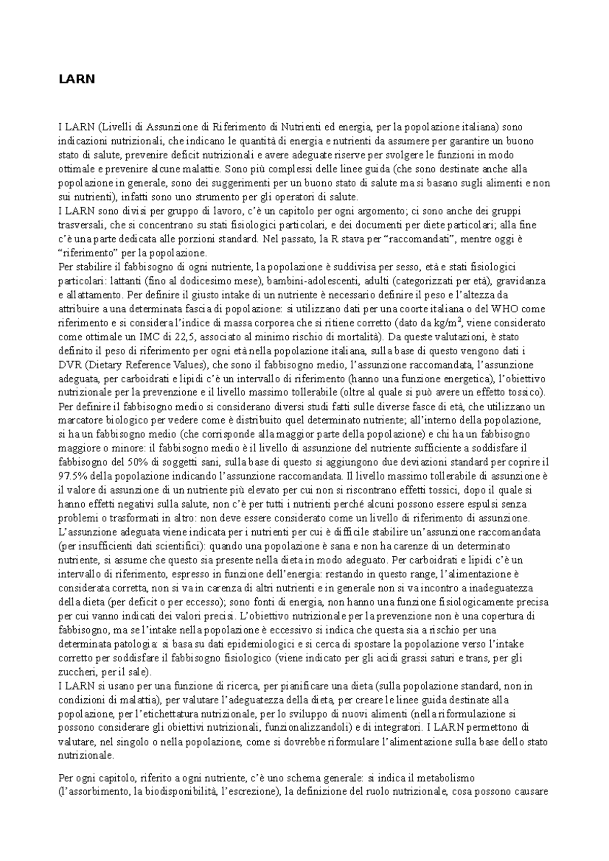 Appunti nutrizione : LARN - LARN I LARN (Livelli di Assunzione di ...