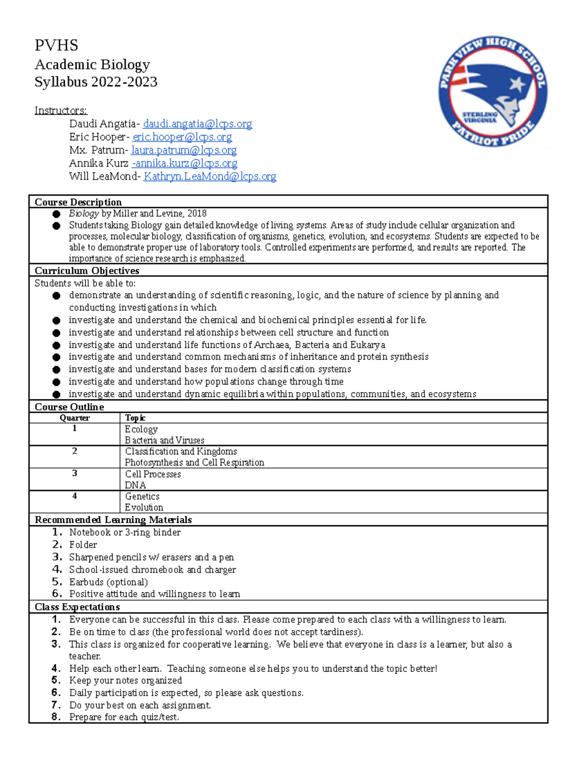 22-23 Academic Biology Syllabus - PVHS Academic Biology Syllabus 2022 ...
