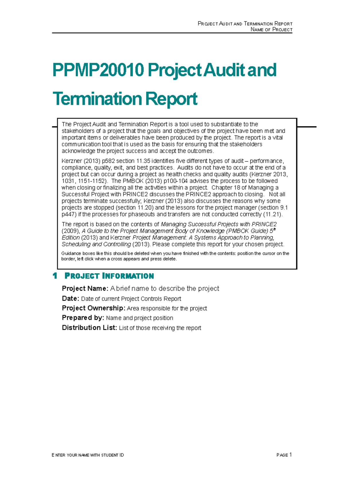 0J-Project Audit and Termination Report - Template - NAME OF PROJECT ...