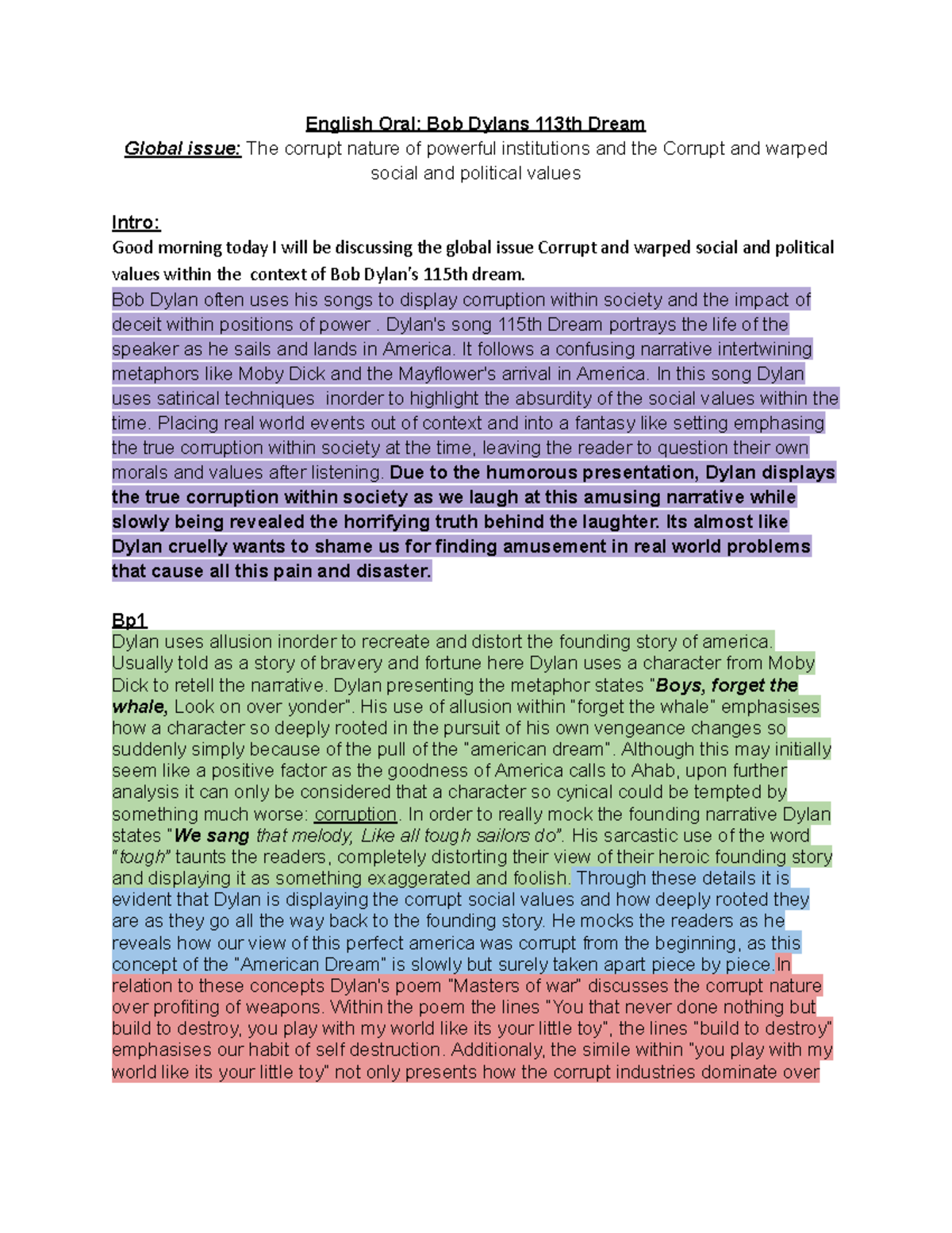 Oral Script - This will help you revise - English Oral: Bob Dylans ...