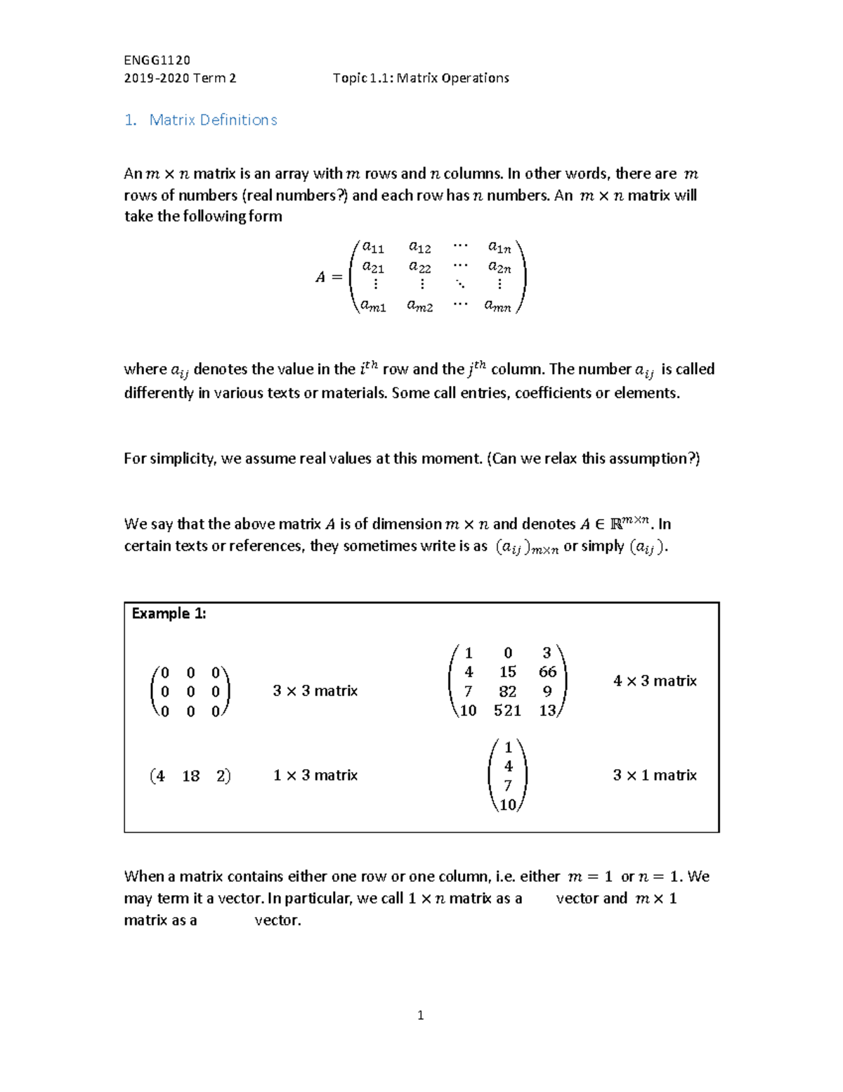 1.1 - Matrix Operations (Definitions and Basic) - StuDocu
