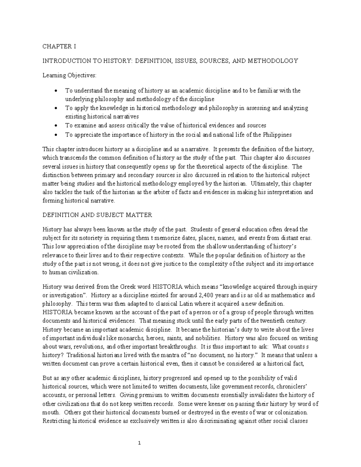 Pdfcoffee - bllkgkfysraetyd - CHAPTER I INTRODUCTION TO HISTORY: DEFINITION, ISSUES, SOURCES ...