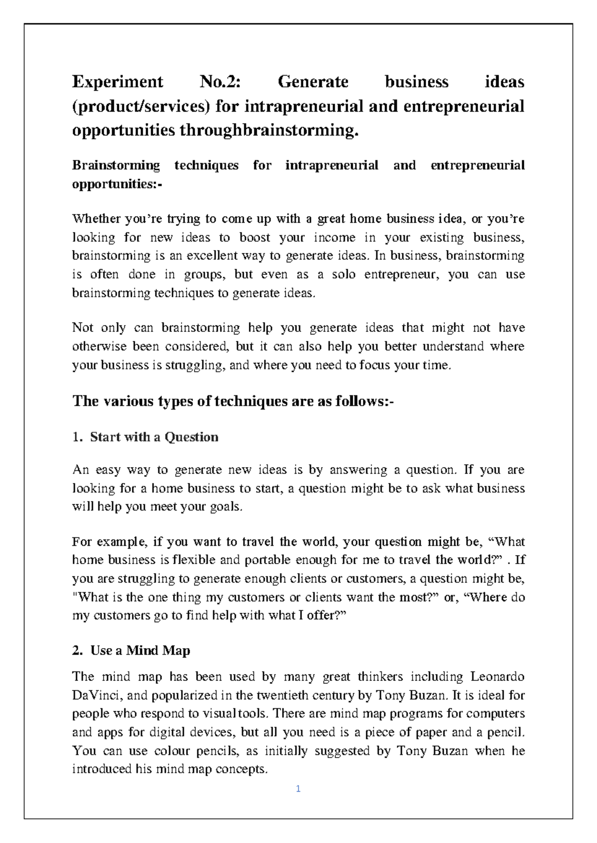 entrepreneurship development - 1 Experiment No: Generate business ideas ...