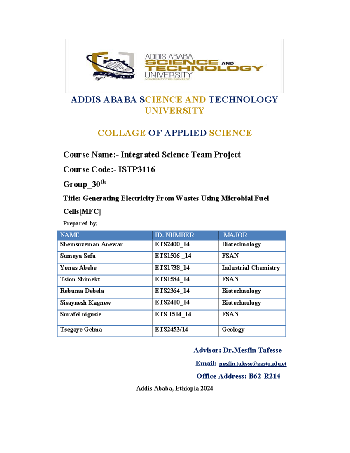 Istp30th updated - ADDIS ABABA SCIENCE AND TECHNOLOGY UNIVERSITY COLLAGE OF APPLIED SCIENCE ...