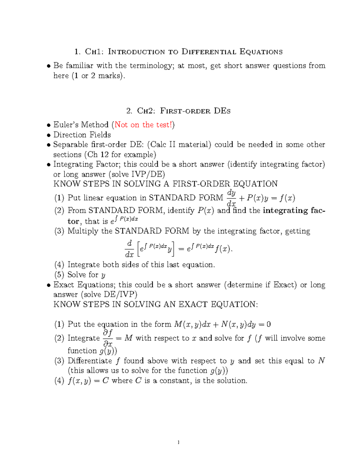 MATH2860 ODE Review F23 - Ch1: Introduction to Differential Equations Be familiar with the - Studocu