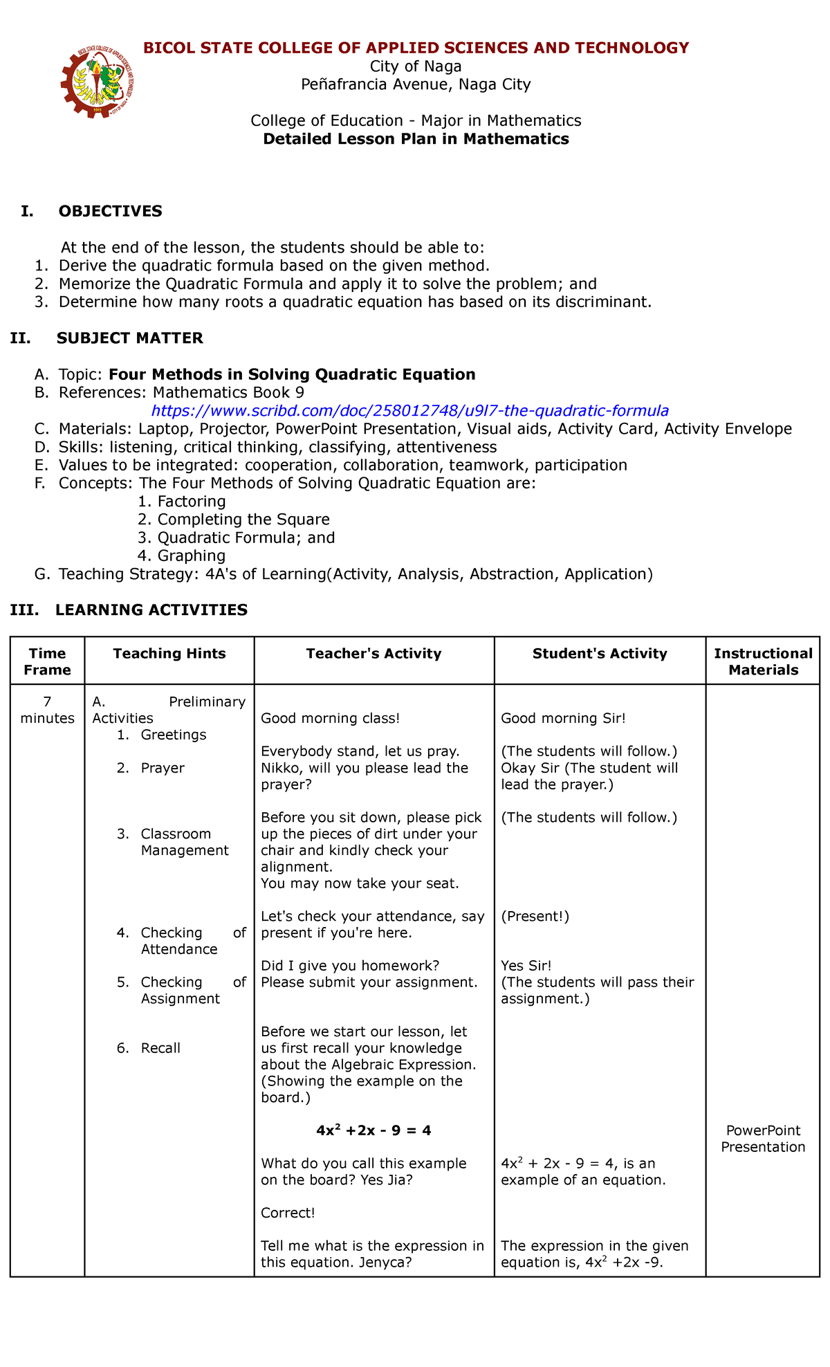 DLP in Mathematics-BSED-MATH3A- Segundo, RENE M - BICOL STATE COLLEGE ...