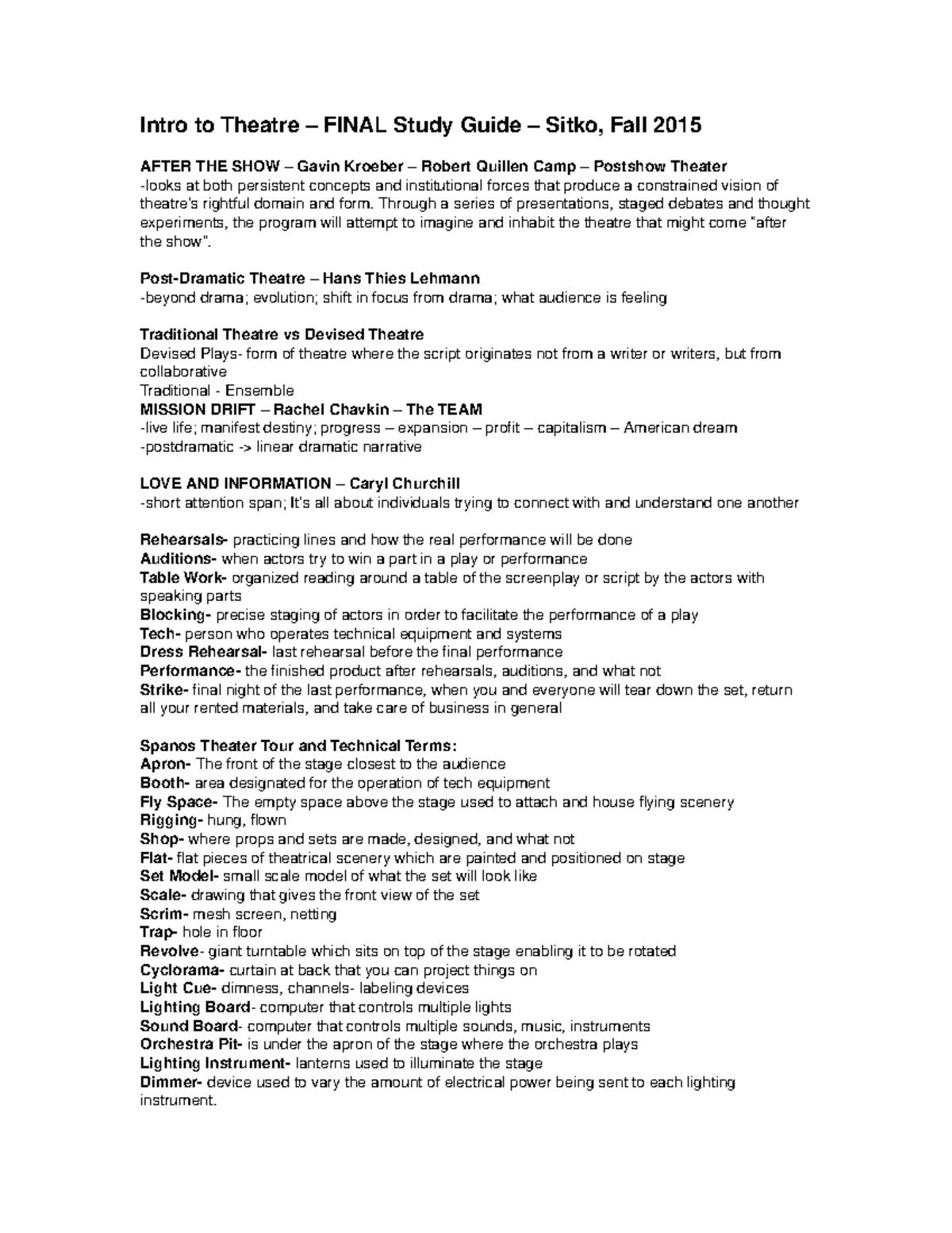 Intro to Theatre – Final Study Guide – Sitko - Intro to Theatre – FINAL ...