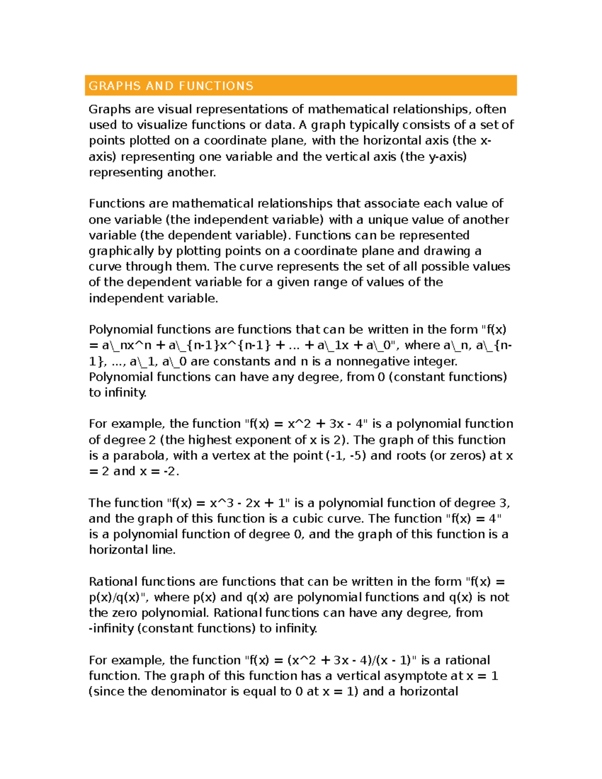 Pre Calculus Algebra - Graphs and Functions - GRAPHS AND FUNCTIONS ...
