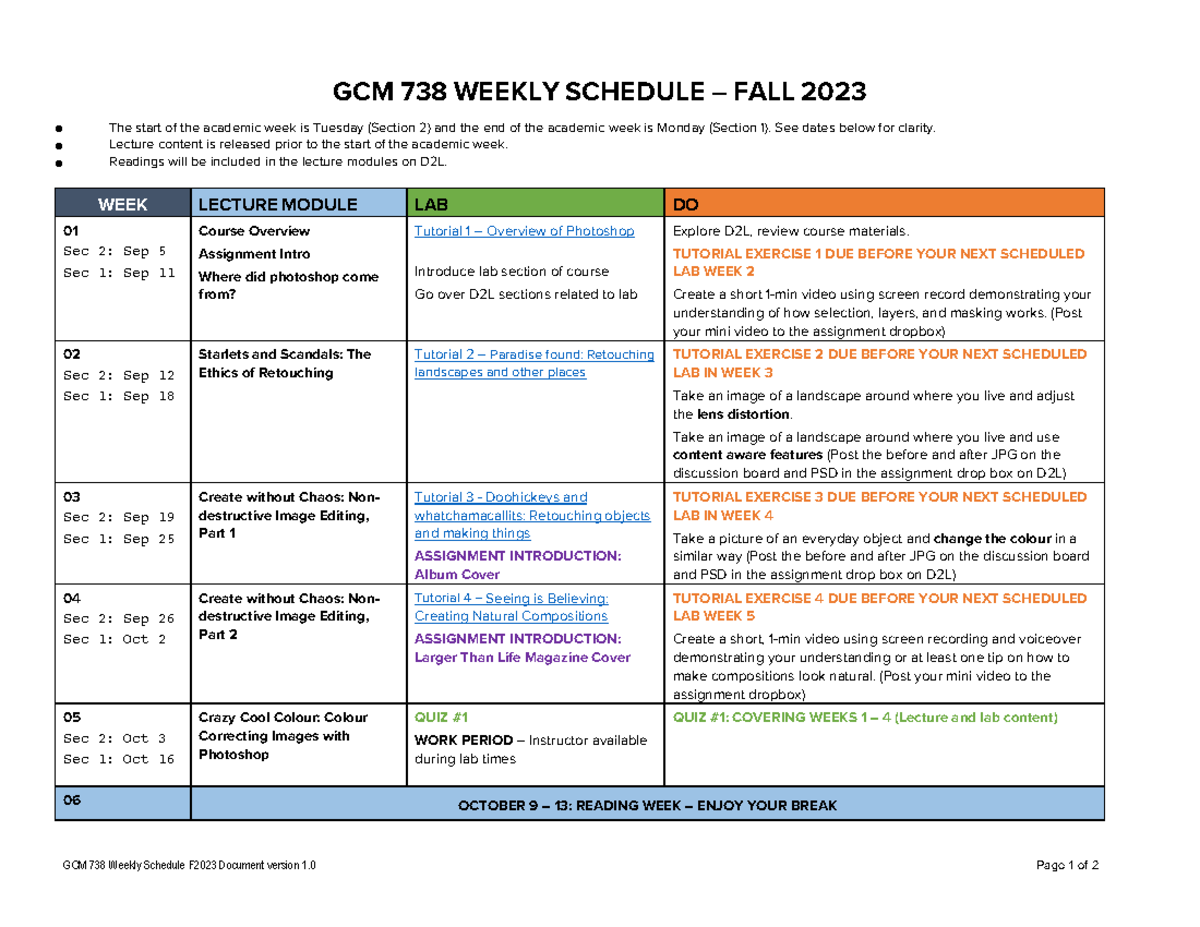 GCM738 Weekly Schedule F23 - GCM 738 Weekly Schedule F 2023 Document version 1 Page 1 of 2 GCM ...