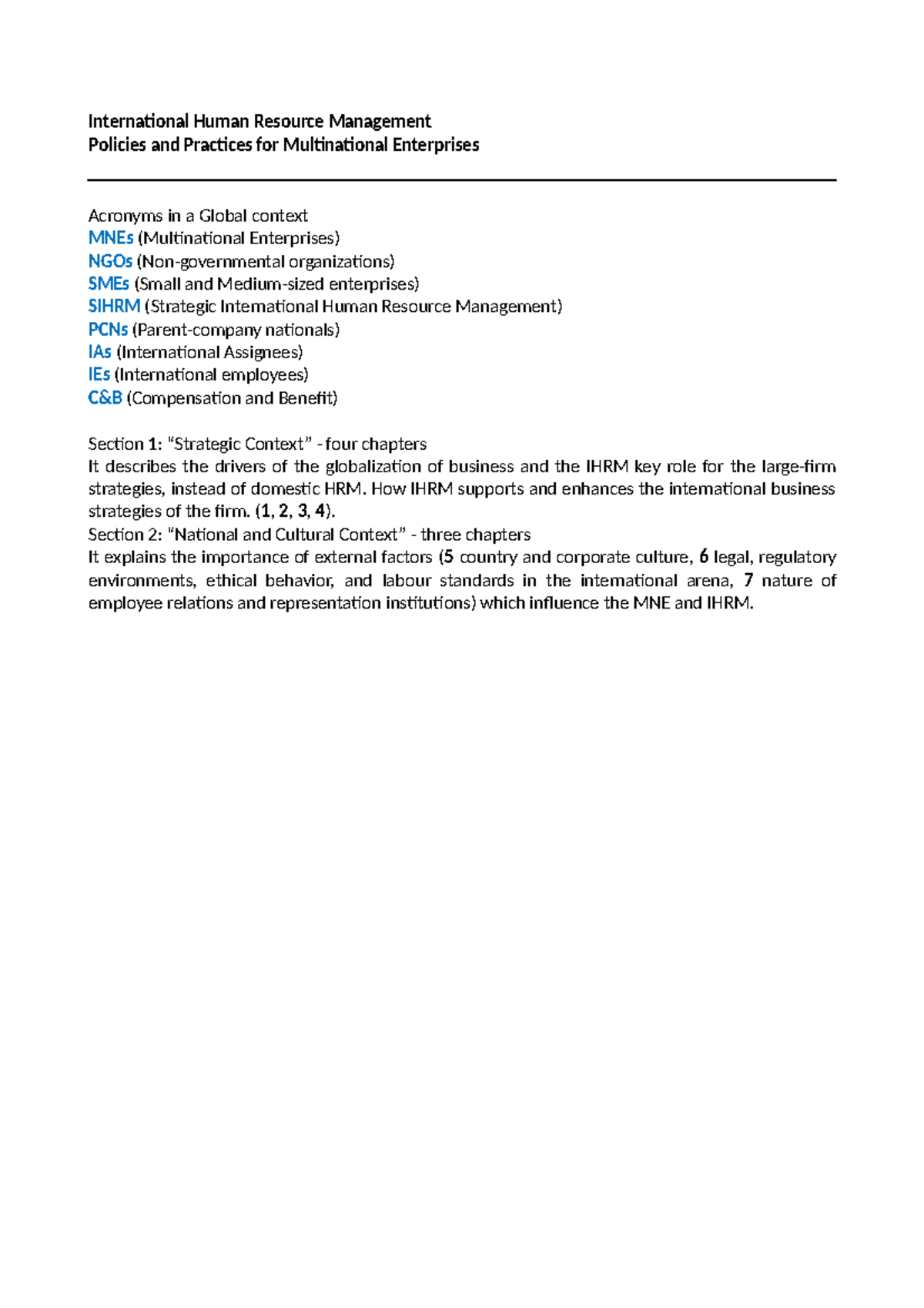 IHRM - class notes - International Human Resource Management Policies ...