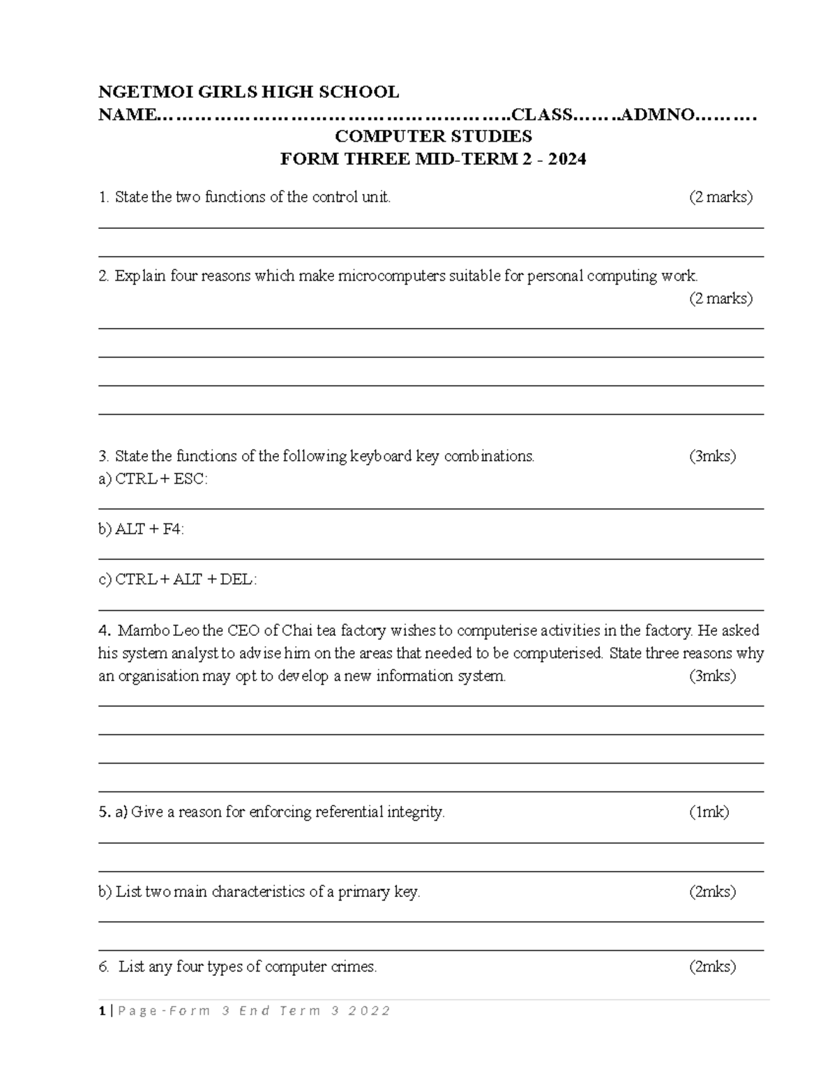 Computer Studies F3 midterm - NGETMOI GIRLS HIGH SCHOOL - Studocu