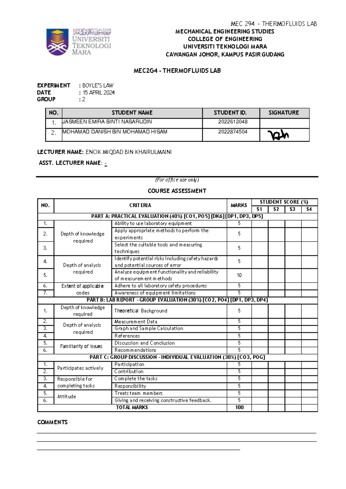 Boyle'S LAW Final Report - MEC 294 – THERMOFLUIDS LAB MECHANICAL ENGINEERING STUDIES COLLEGE OF ...