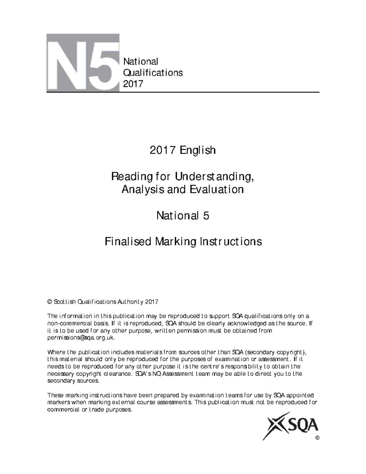 Sqa national 5 english paper 1 mark scheme may 2017 - National ...