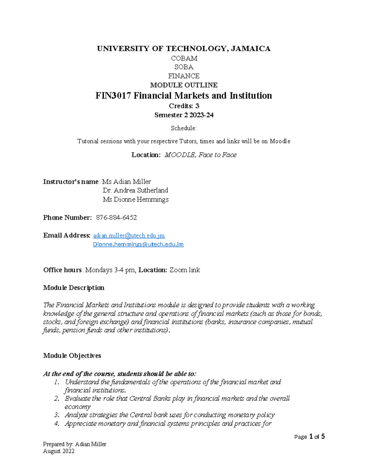 Module Outline Fin Markets sem 2 2023-24 - UNIVERSITY OF TECHNOLOGY, JAMAICA COBAM SOBA FINANCE ...