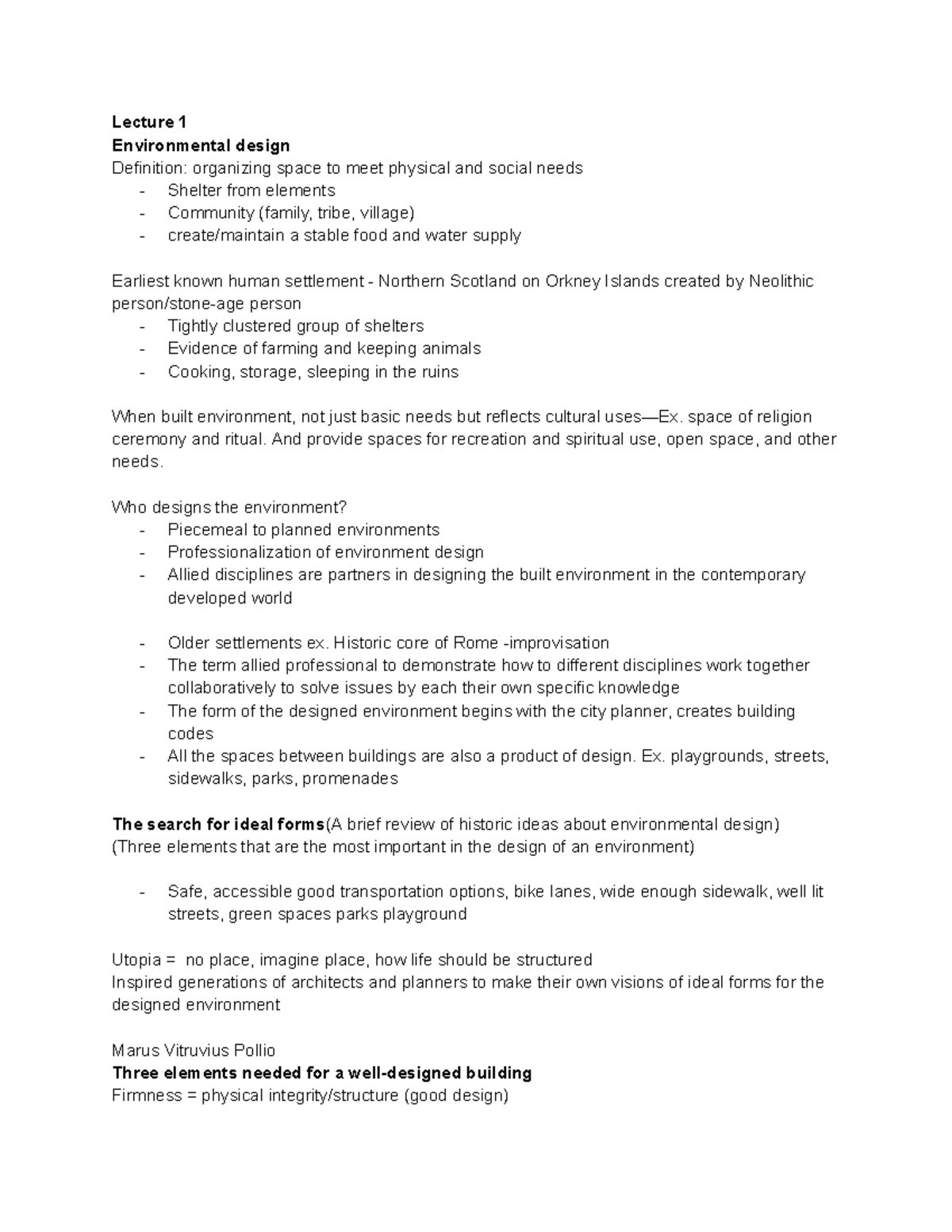 EDES 123 notes - Lecture 1 Environmental design Definition: organizing ...