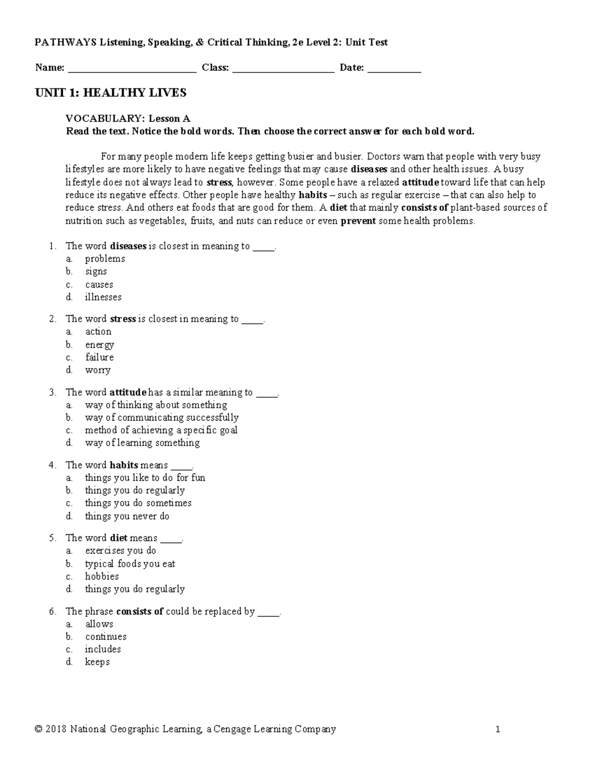 Pathways ls1 2e u1 test 0 - Name: ________________________ Class ...