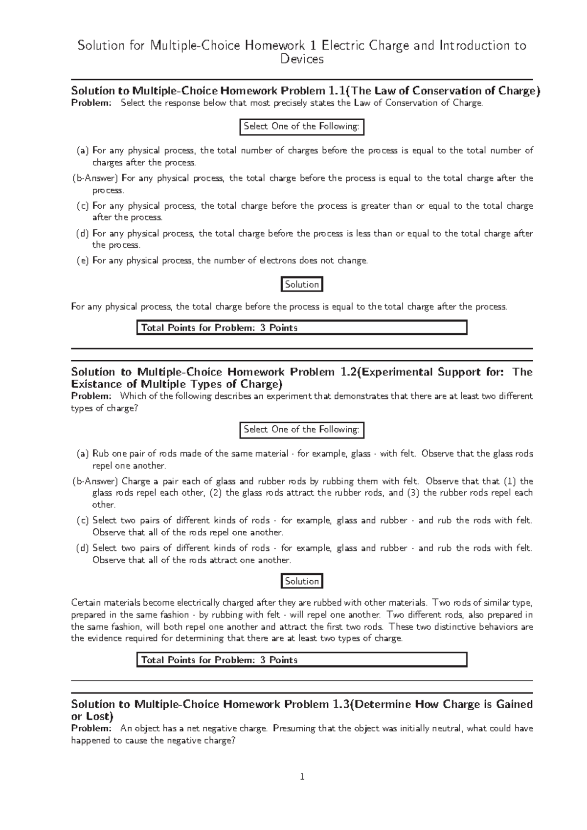 MC Hwk 1 - Solution for Multiple-Choice Homework 1 Electric Charge and ...