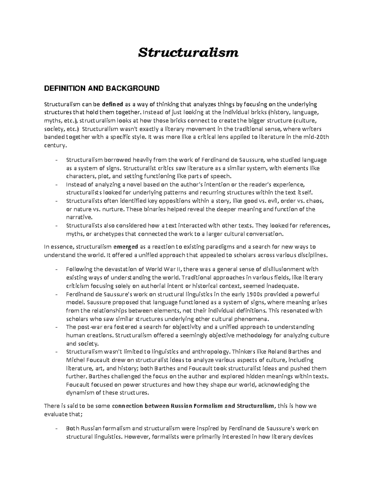 Structuralism - Structuralism DEFINITION AND BACKGROUND Structuralism ...