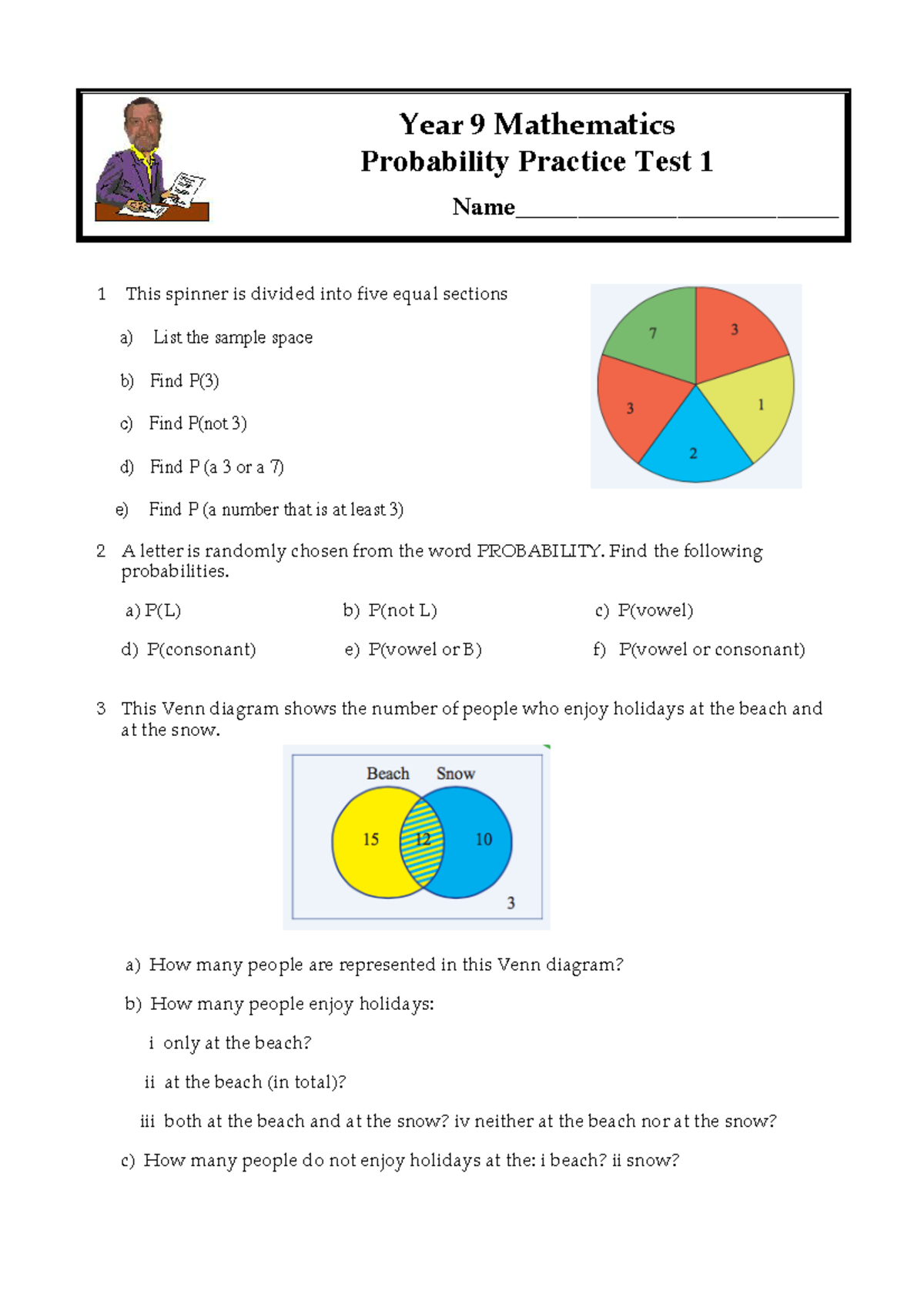 Year 9 probability 1u - venn - Year 9 Mathematics Probability Practice ...