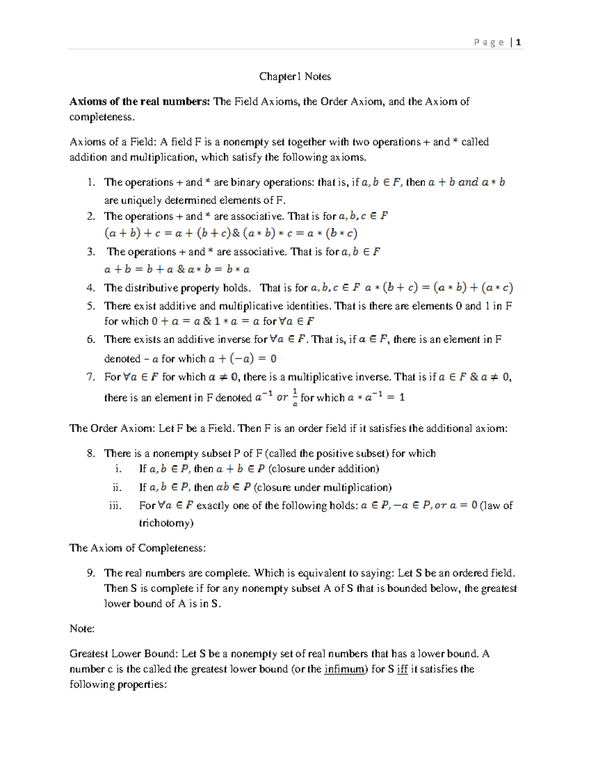 Properties-Real-Numbers - P a g e | 1 Chapter1 Notes Axioms of the real ...