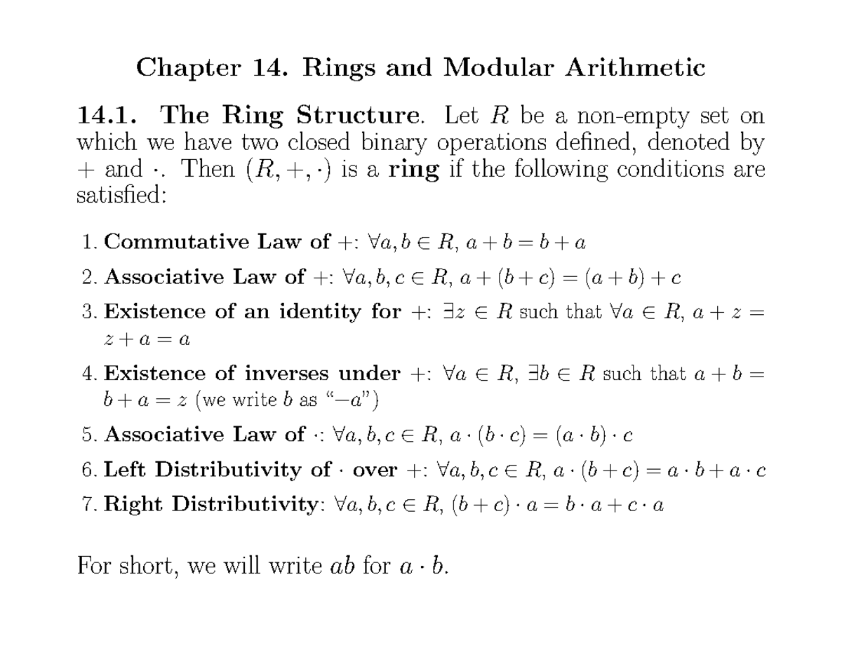 Lecture Notes-Chapter 14 - Chapter 14. Rings and Modular Arithmetic 14 ...