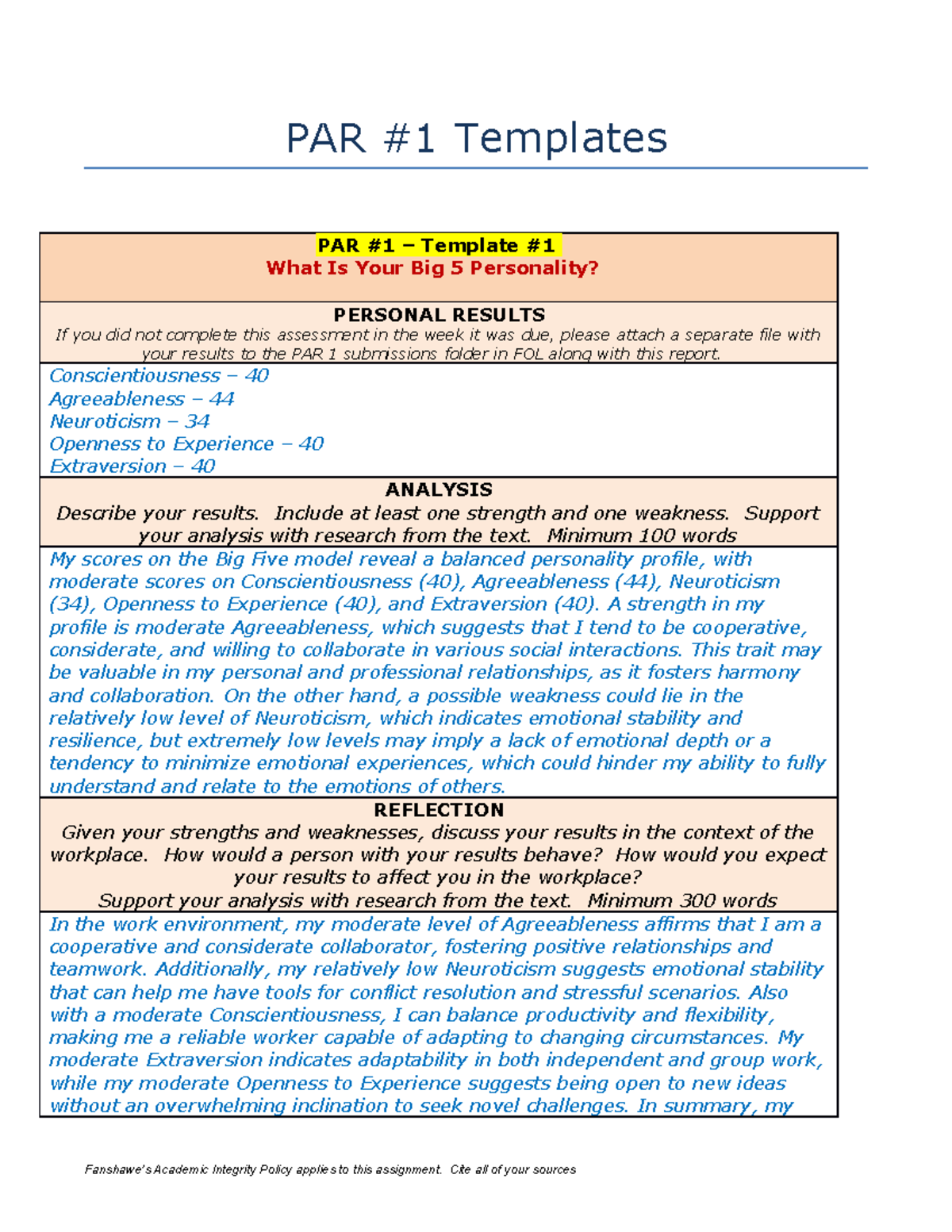 PAR #1 Assignment - PAR #1 Templates PAR #1 – Template What Is Your Big ...