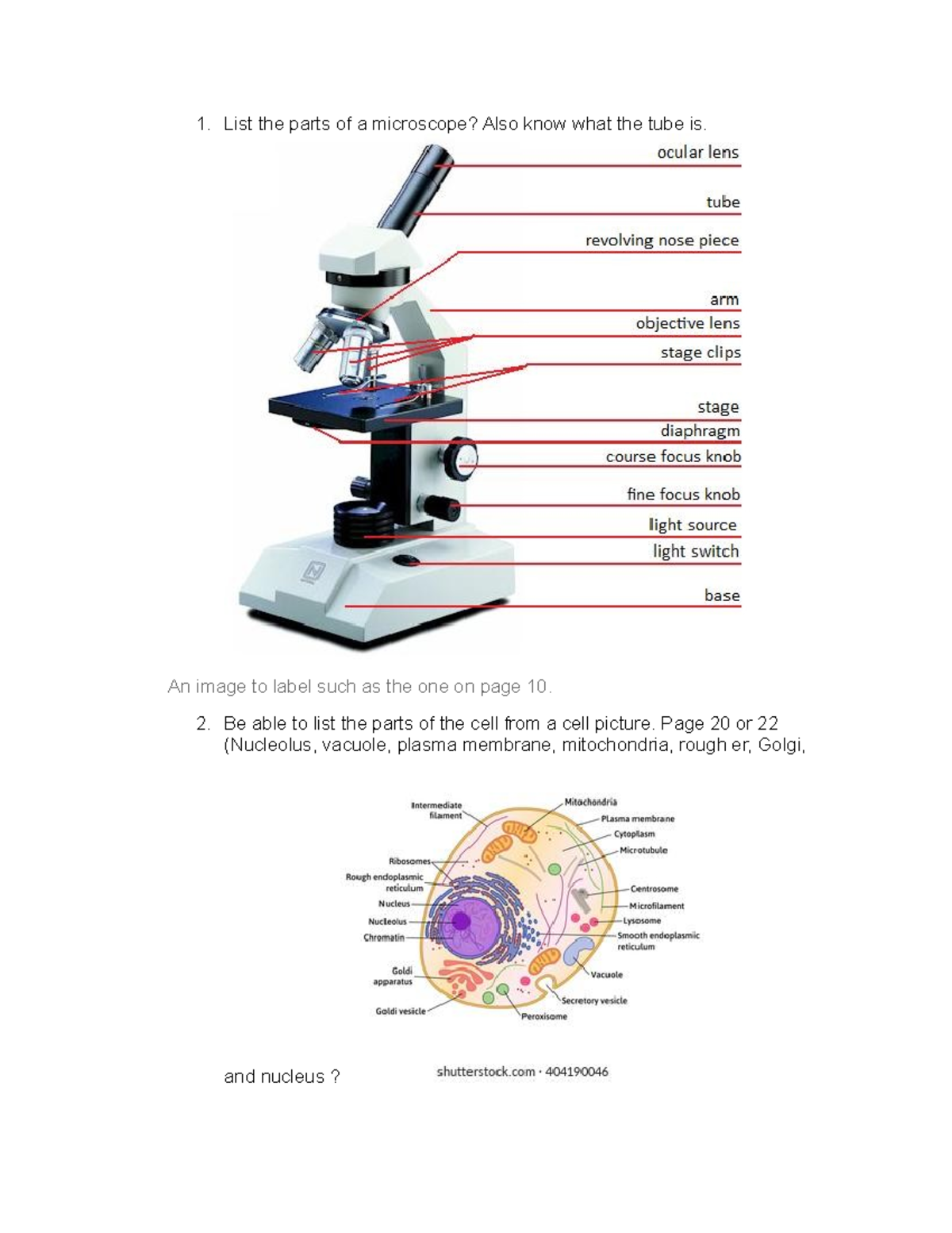 Bio. Lab Final Studyguide - List the parts of a microscope? Also know ...