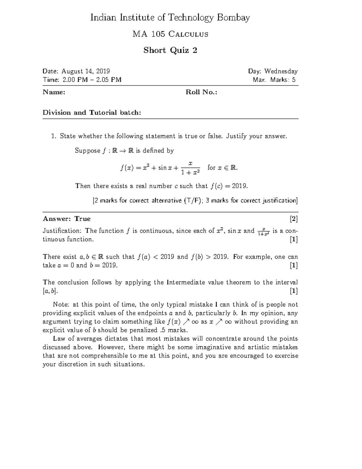 MA105 Short Quiz 2 Paper & Solution - Indian Institute of Technology ...