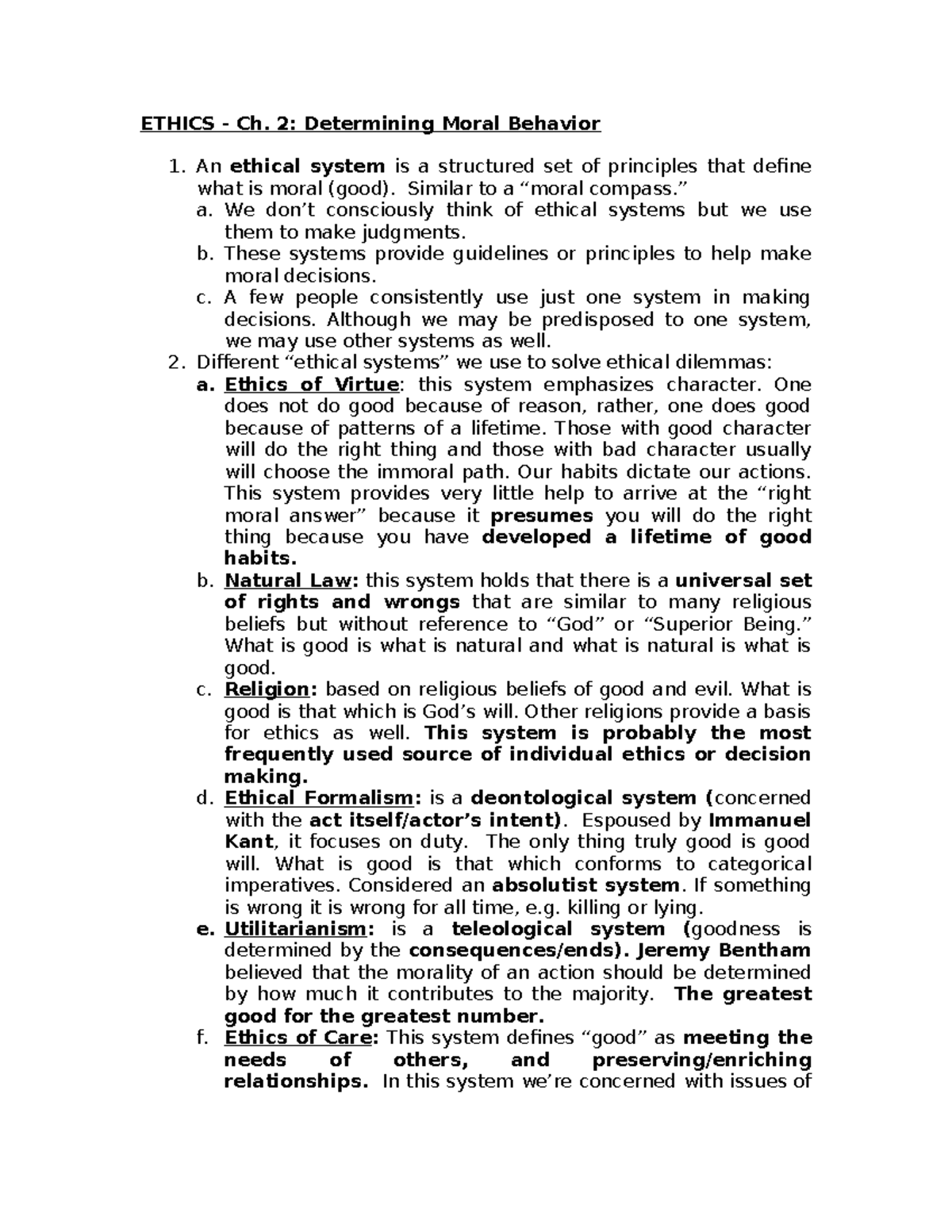 Ethics - Notes - Chapter 2 - ETHICS - Ch. 2: Determining Moral Behavior ...