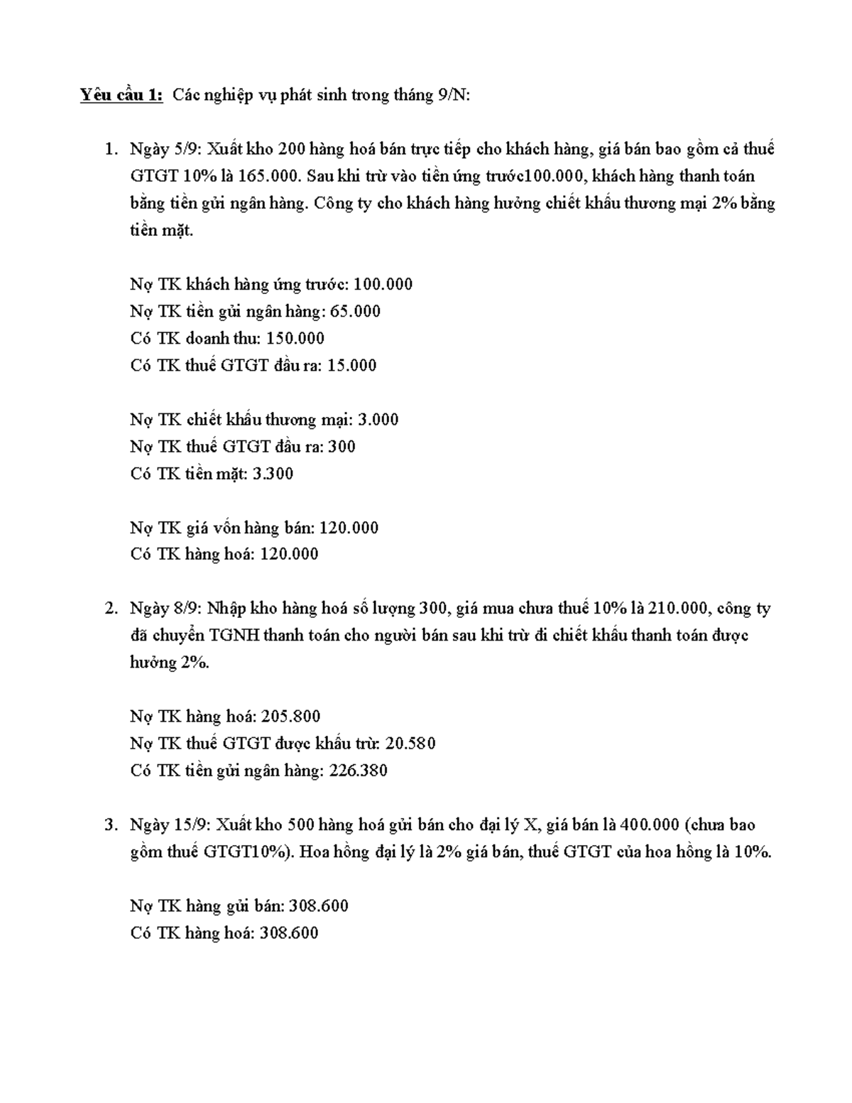 Bài tập thực hành NLKT c4 - Yêu cầu 1: Các nghiệp vụ phát sinh trong tháng 9/N: 1. Ngày 5/9 ...