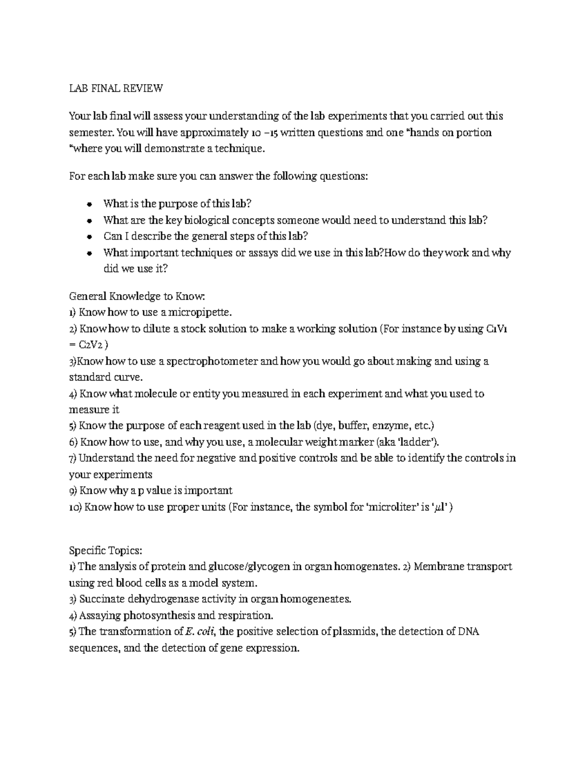 BIO 113 LAB Final Review - LAB FINAL REVIEW Your lab final will assess ...