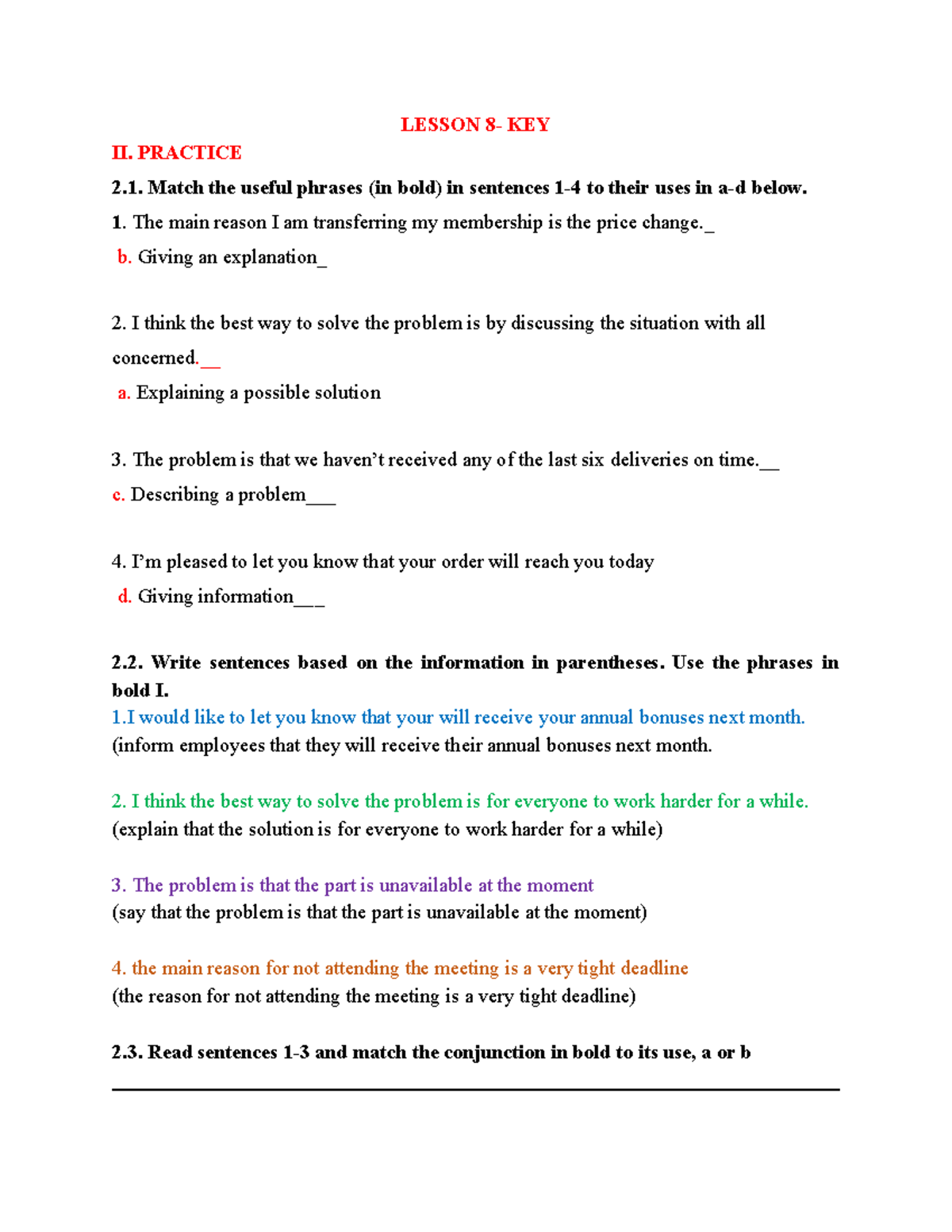 Writing LV2- Lesson 8 - KEY - LESSON 8- KEY II. PRACTICE Match the ...