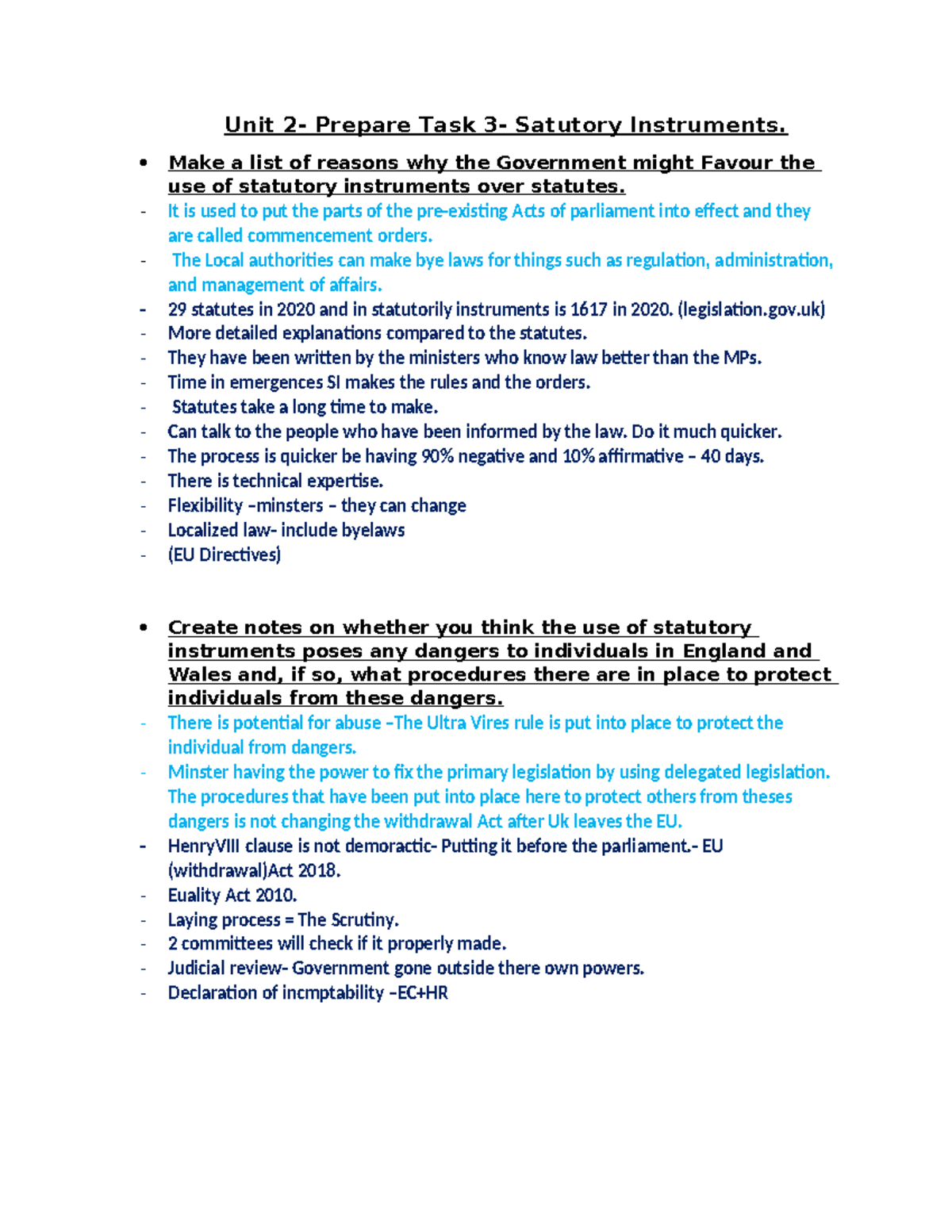 Unit 2 Prepare Task 3 - Statutory Instruments - Make a list of reasons ...