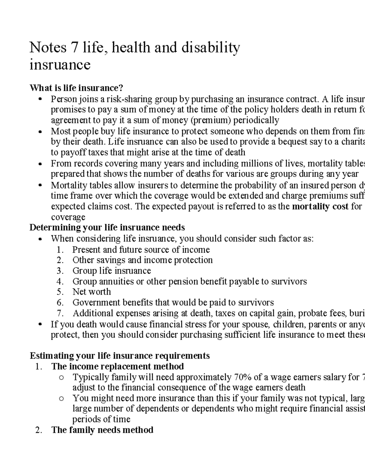Notes 7 life, health and disability insruance - Warning: TT: undefined ...