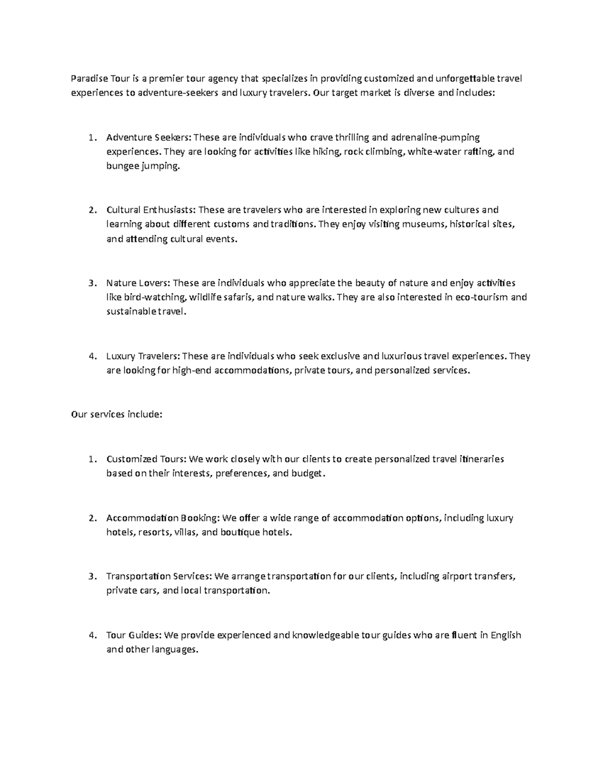 Paradise Tour - example of tourism company with mission, vision, target ...