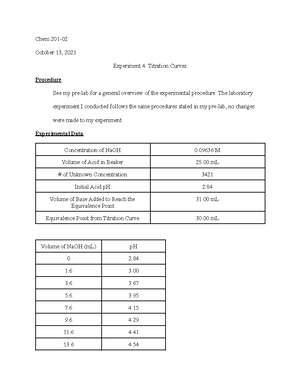 Lab report #7: chemical kinetics - Chem 201, Experiment 7 Chemical ...