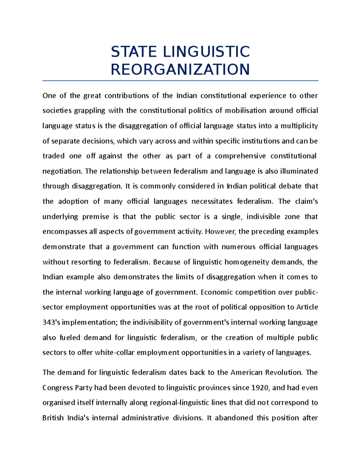 State Linguistic Reorganization - STATE LINGUISTIC REORGANIZATION One ...