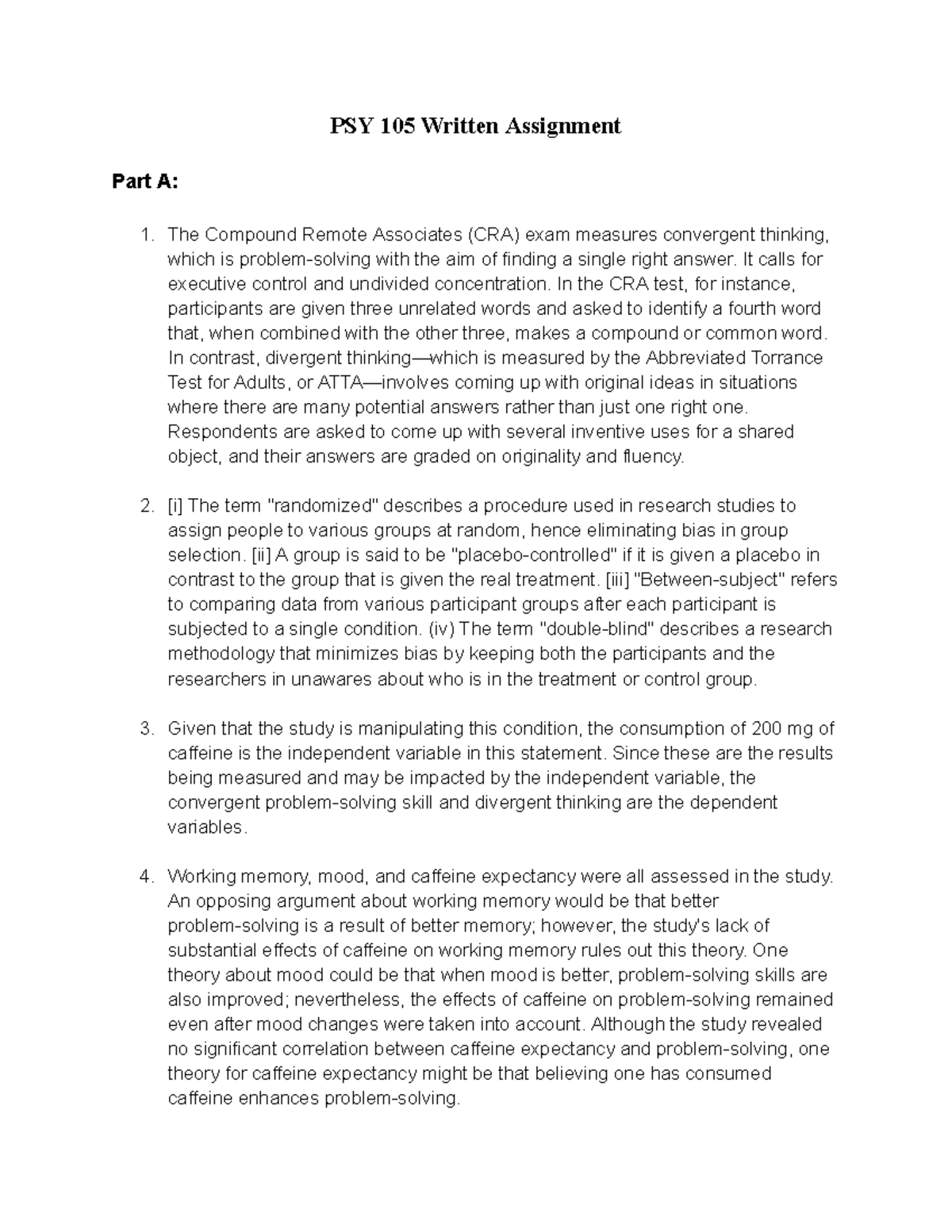 Writting assignment - PSY 105 Written Assignment Part A: The Compound ...