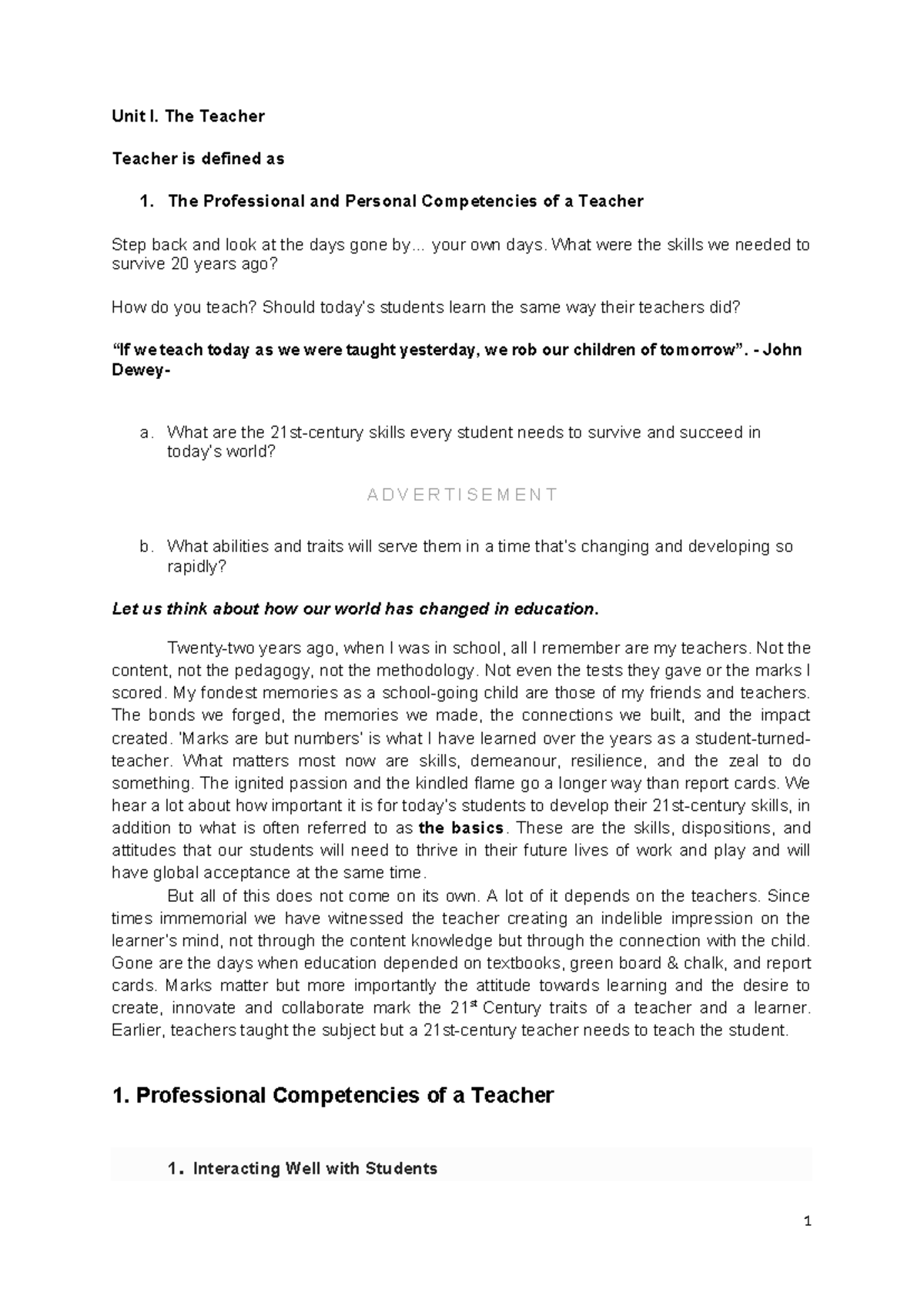Unit-1-Handouts 085237 - Unit I. The Teacher Teacher is defined as 1 ...