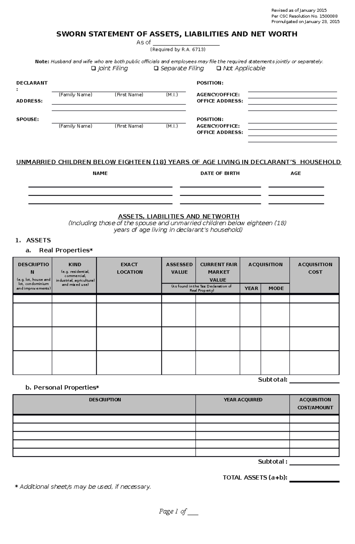 SALN 2019 - SALN 2019 - Revised as of January 2015 Per CSC Resolution ...
