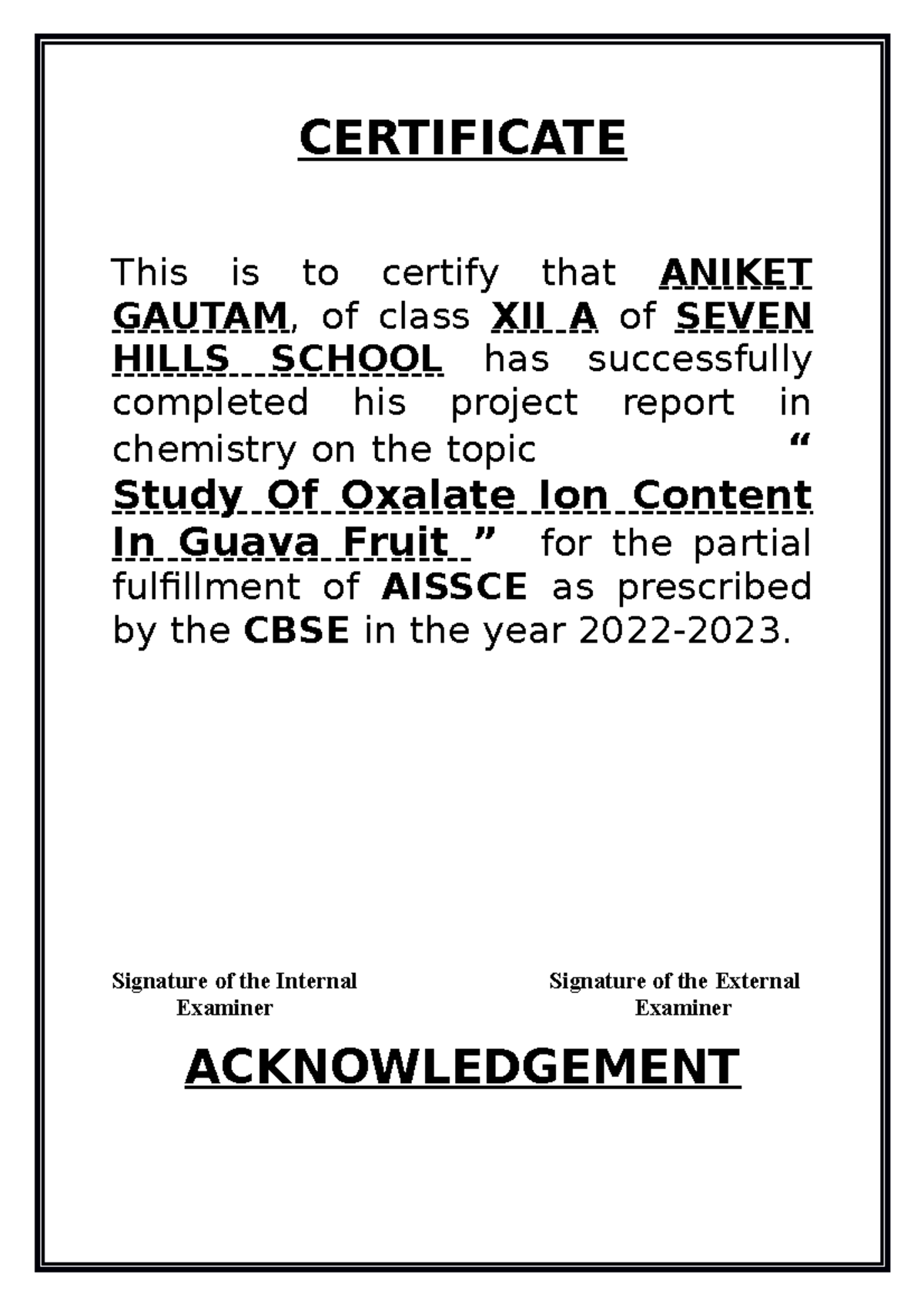Chemis - Thshsjsjiabsb - CERTIFICATE This is to certify that ANIKET ...