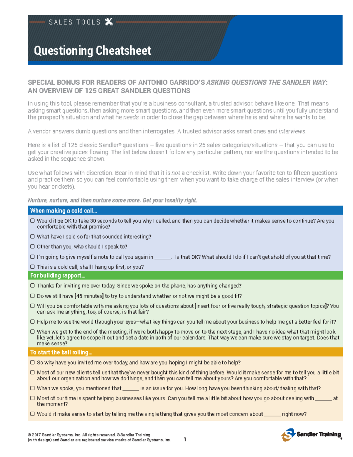 125 Questions You Can Ask on a Sales Call - © 2017 Sandler Systems, Inc ...