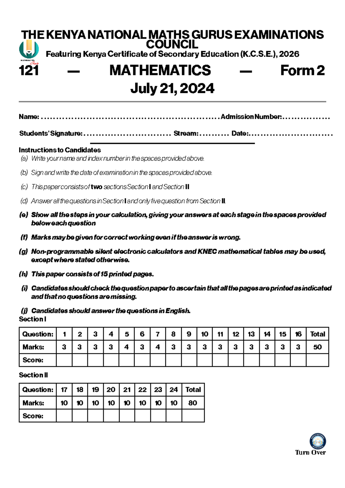 FORM TWO MID YEAR EXAM Mathematics GURU TERM TWO 2024 - Turn Over THE ...