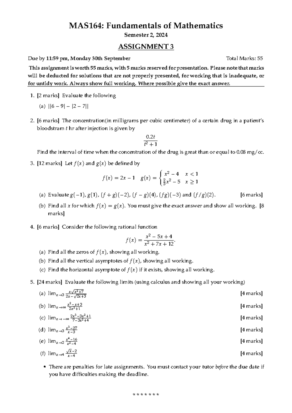 MAS164 3 - For Practice - MAS164: Fundamentals of Mathematics Semester 2, 2024 ASSIGNMENT 3 Due ...