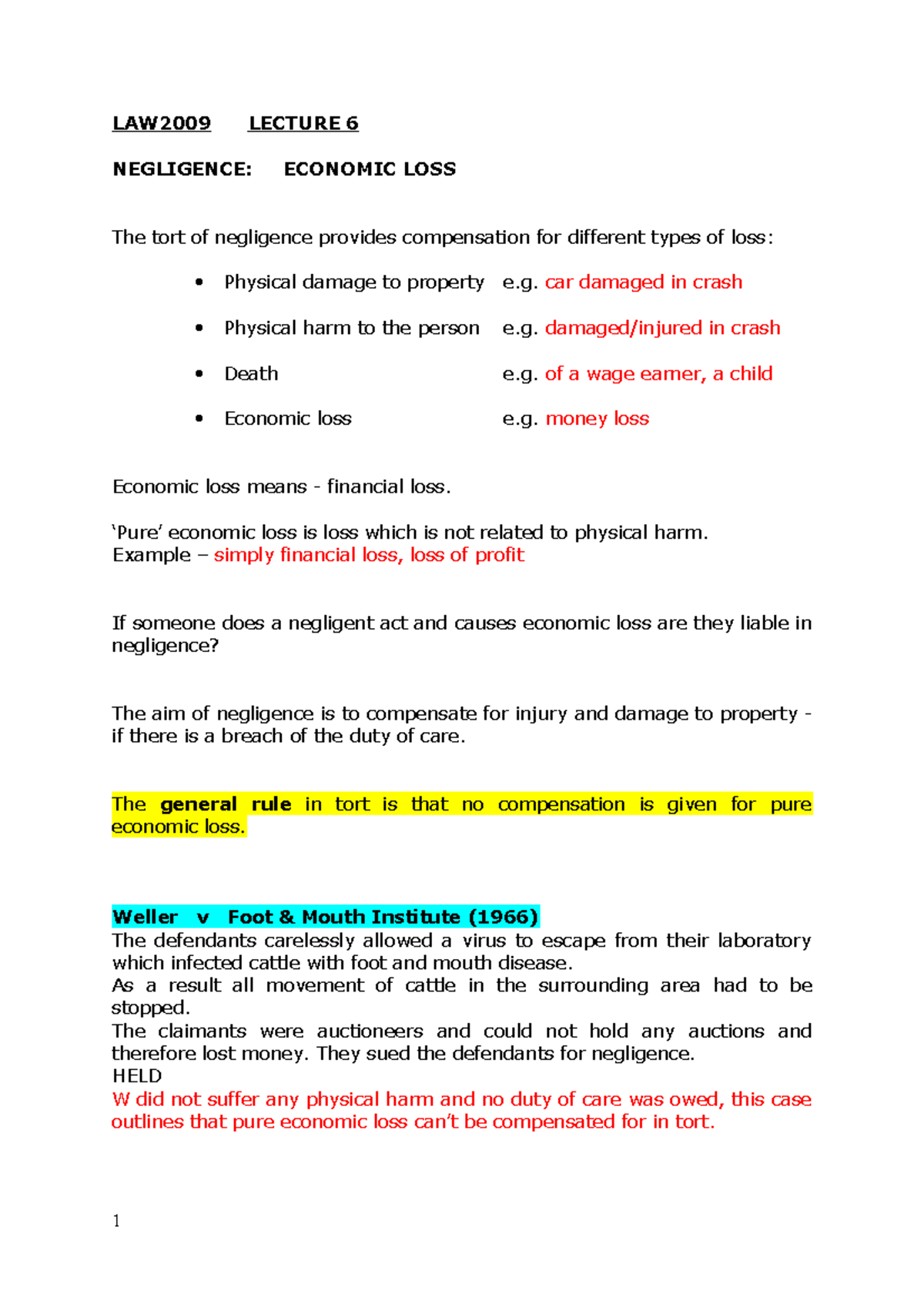 Lecture 6 Economic loss - 25 - LAW2009 LECTURE 6 NEGLIGENCE: ECONOMIC ...